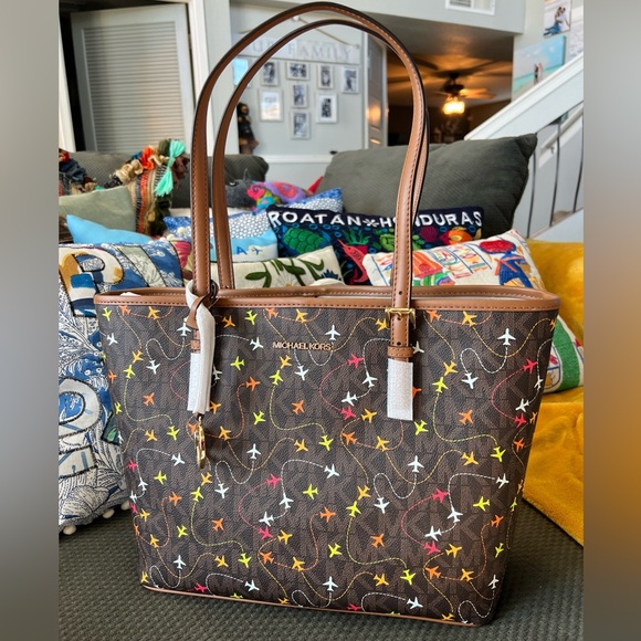 Michael Kors | Bags | Michael Kors Jet Set Brown Multi Color Airplane ...